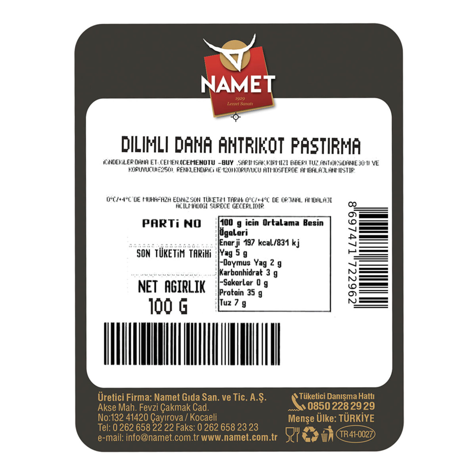 Namet Dana Dilimli Antrikot Pastırma 100 G