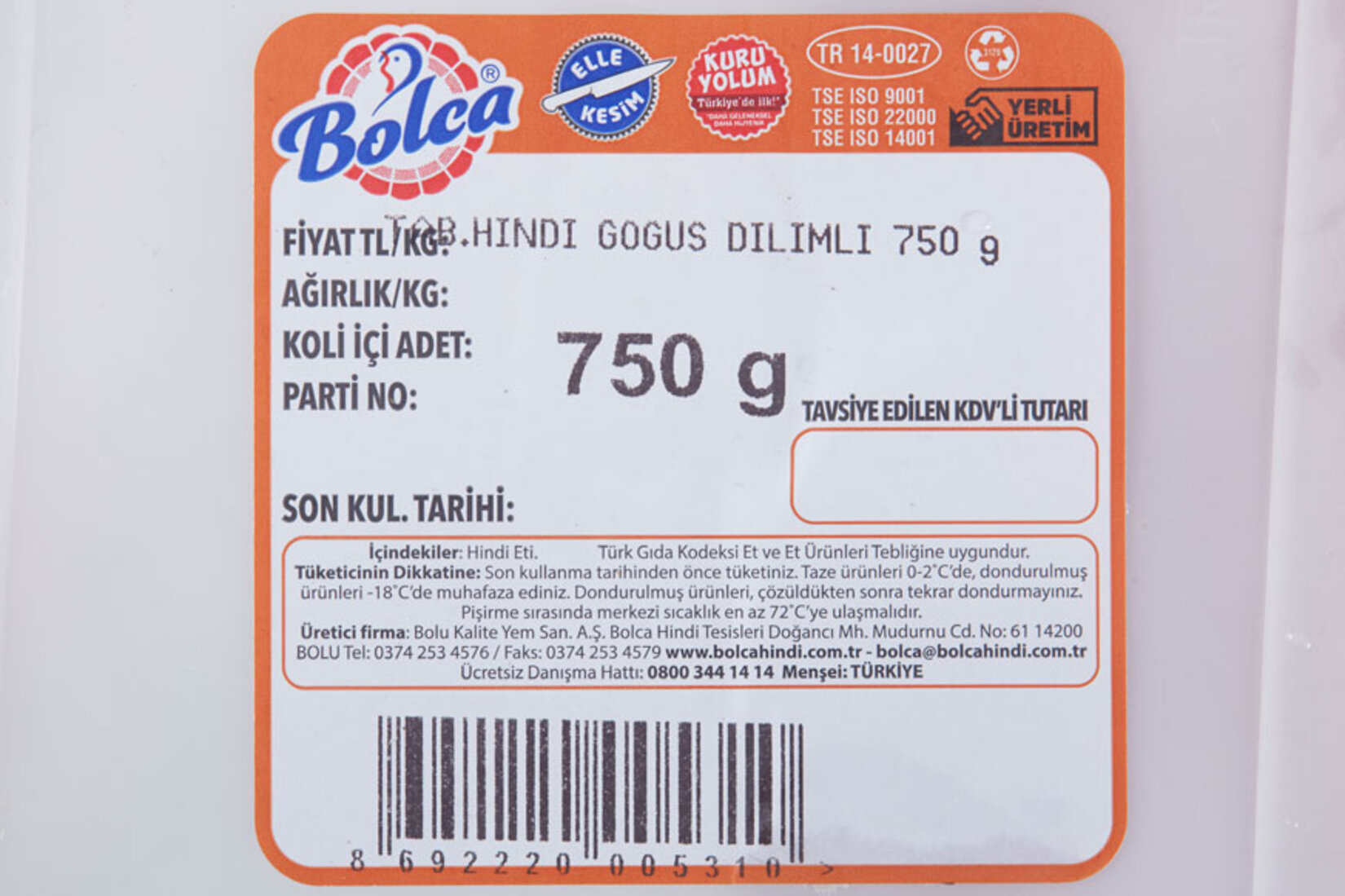 Bolca Hindi Dilimli Göğüs 750 G | Macroonline
